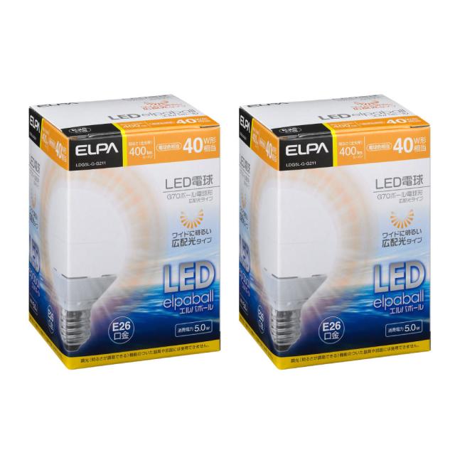 エルパ LED電球 G70 ミニボール球形 40W形 E26 電球色 2個セット LDG5L-G-G211の通販はau PAY マーケット - でんきのパラダイス電天堂 | au PAY ...