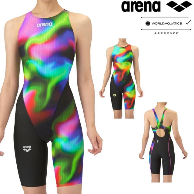 アリーナ ARENA 競泳水着 レディース WA承認モデル レーシングワンピーススパッツ オープンバック ハーフレッグ オールインワン AQUA RACING AQUA STRIPE-D