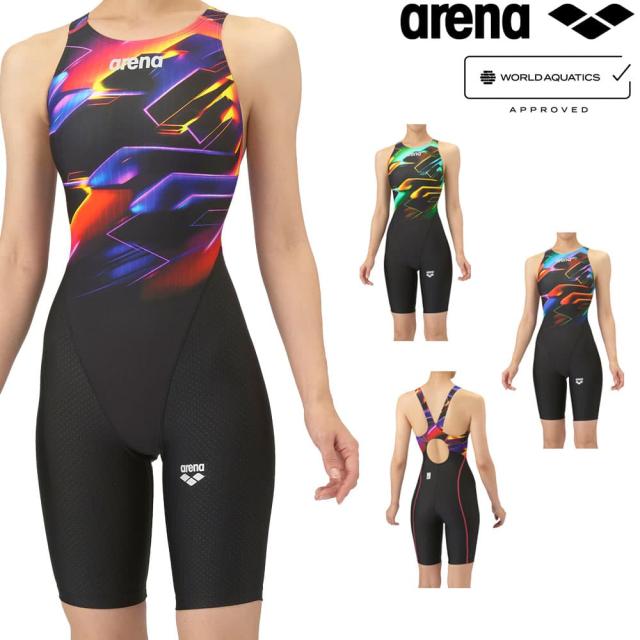 アリーナ ARENA 競泳水着 レディース WA承認モデル レーシングワンピーススパッツ オープンバック ハーフレッグ オールインワン AQUA RACING AQUA STRIPE-D