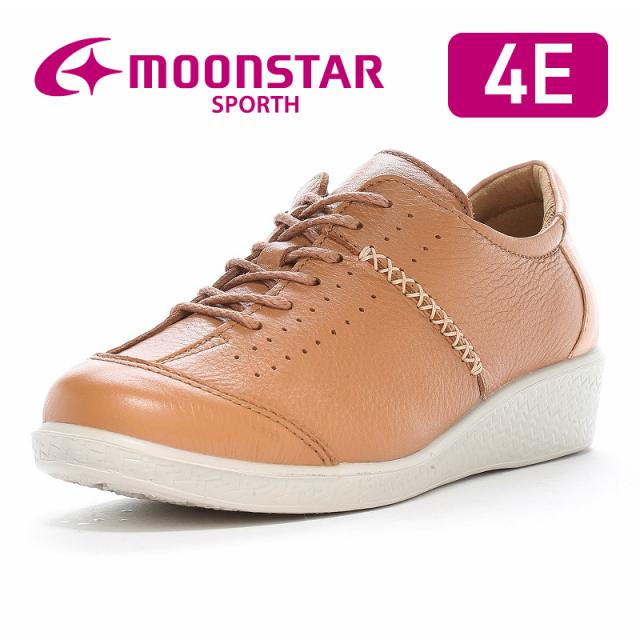 送料無料 ムーンスター スポルス レディース スニーカー 本革 SP2401 ライトブラウン ワイド設計 4E ファスナー 衝撃吸収 足なり設計 撥水加工 軽量設計 日本製コンフォートシューズ 靴 国産 天然皮革