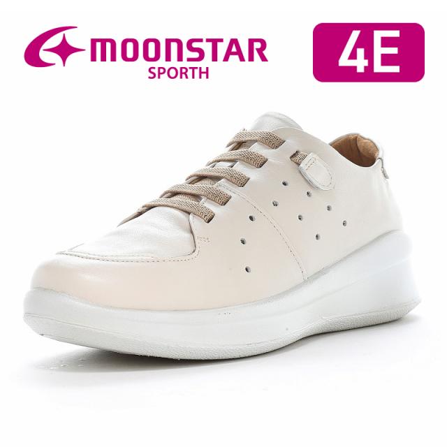 送料無料 ムーンスター スポルス レディース スニーカー 本革 SP2000 アイボリー ワイド設計 4E ゴム紐 衝撃吸収 撥水加工 日本製コンフォートシューズ 靴 国産 天然皮革