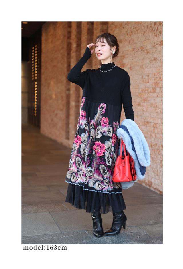 冬新作 艶やかな孔雀の羽根と花の美麗刺繍ワンピース レディース