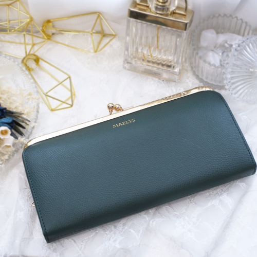 長財布 深緑 レザー がま口 グリーン ロングウォレット MAELYSギフト無料