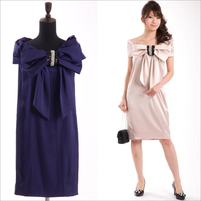 ビックリボンサテンパーティードレスAラインオフショルダー