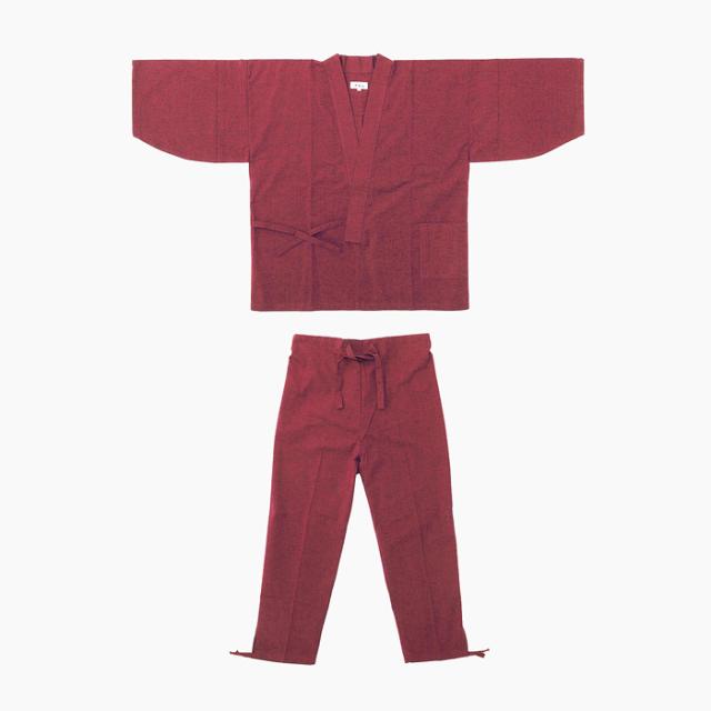 作務衣 久留米綿紬織 上下一組 （女性用） （エンジ） No.21