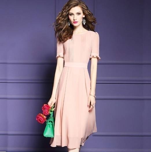 パーティードレス スリムウエスト 半袖 ２色 無地 ストライプ 膝下丈 ミディ丈 フレア Aライン ふんわり感 エレガント フェミニン