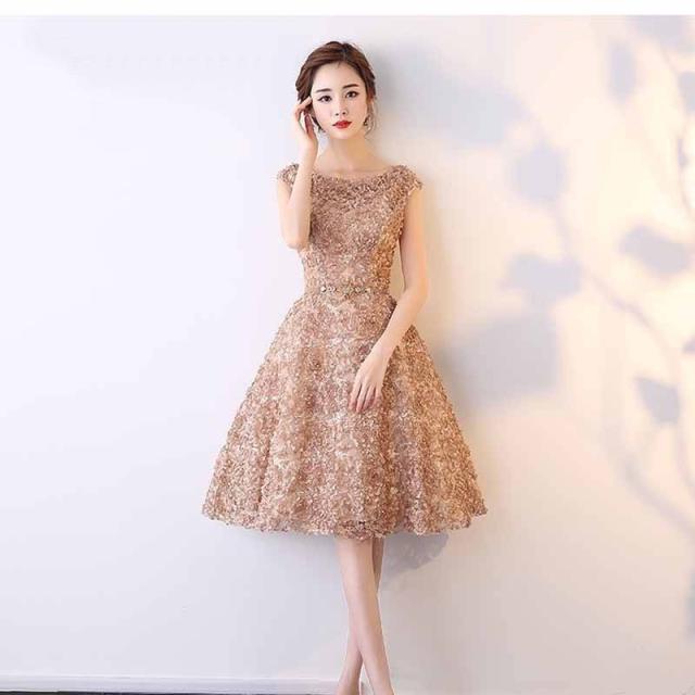パーティードレス 花柄 半袖 Ｕネック フレア Ａライン ウエストマーク ミニ丈 ショート 可愛い エレガント パーティー 女子会 結婚式