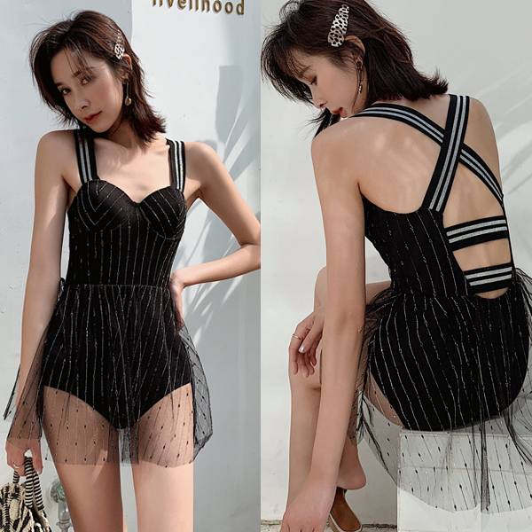 体型カバー 水着 ワンピース 大きいサイズ レディース 2019年新作 ワンピース水着 ビーチウェア 40代 30代 20代 フレアスカート シフォン オールインワン ストライプ 透け感 シンプル カバーアップ 着やせ 韓国 ママ オシャレ ＸＬ 海 プール ビーチ ブラック