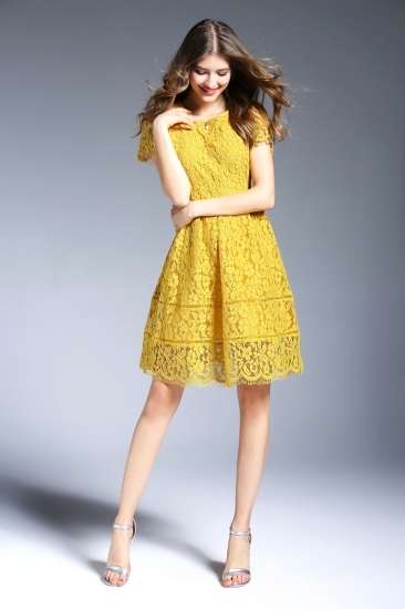 パーティードレス 春夏 結婚式 大きいサイズ 30代 ひざ丈 半袖 袖あり ラウンドネック 総レース 花柄 刺繍 Xライン 大人可愛い