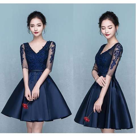 袖あり パーティードレス ワンピースドレス ワンピース ドレスワンピ お呼ばれドレス イブニングドレス  結婚式 二次会 披露宴 お呼ばれ デート 女子会 同窓会 食事会 卒業パーティー ネイビー 大きいサイズ ショート丈 5分袖 Aライン 刺繍 シースルー フレア Vネック 20代