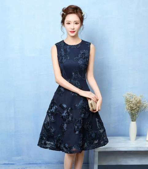 パーティードレス ワンピースドレス ワンピース ドレスワンピ お呼ばれドレス イブニングドレス 結婚式 二次会 披露宴 お呼ばれ 女子会 謝恩会 同窓会 卒業パーティー ネイビー 大きいサイズ ひざ丈 ノースリーブ Aライン フレア レース 刺繍 花刺繍 シースルー 透け感