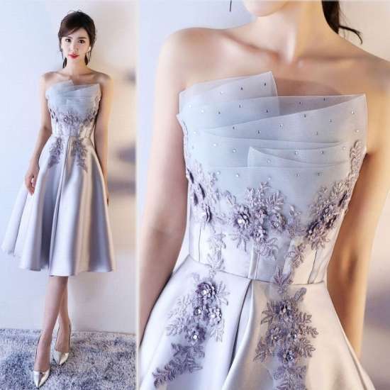 パーティードレス 春夏 結婚式 演奏会 大きいサイズ ひざ丈 Xライン ベアトップ フレア 個性的 刺繍 花柄 30代 フォーマル きれいめ