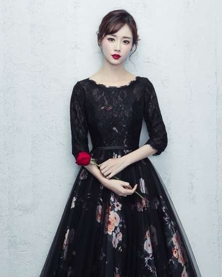 ロングドレス 袖あり 黒 演奏会 パーティードレス お呼ばれドレス イブニングドレス 二次会 お呼ばれ 同窓会 発表会 音楽会 食事会 ゲスト ブラック 大きいサイズ マキシ丈 5分袖 Aライン フレア レース レース切り替え チュール 花びら 20代 30代 40代 50代 ラウンドネック