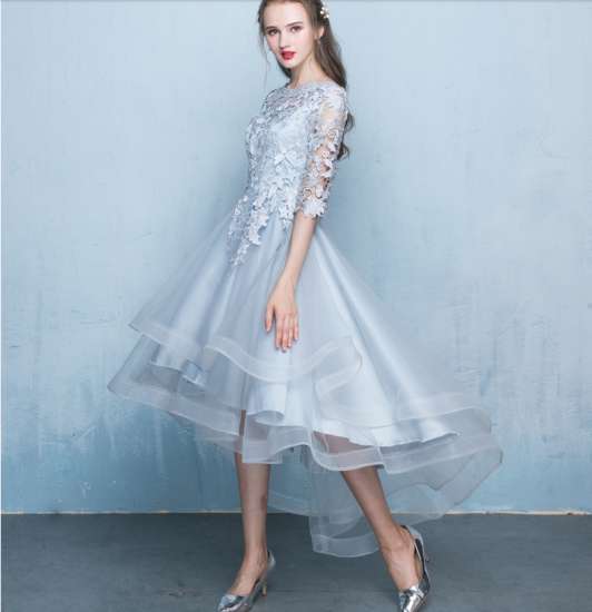 パーティードレス 春夏 演奏会 大きいサイズ 20代 長袖 袖あり ラウンドネック レース 花柄 刺繍 Xライン フィッシュテール きれいめ