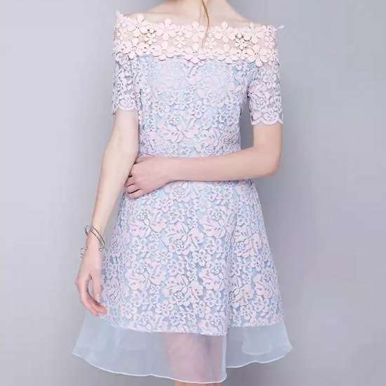 袖あり パーティードレス お呼ばれドレス イブニングドレス 結婚式 二次会 披露宴 お呼ばれ 同窓会 卒業パーティー 食事会 ピンク バイカラー ひざ丈 半袖 Aライン フレア オフショルダー レース 総レース 透け感 個性的 シースルー チュール  20代 30代 エレガント 可愛い