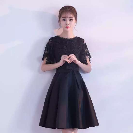 黒 袖あり パーティードレス ワンピースドレス ワンピース ドレスワンピ お呼ばれドレス イブニングドレス 二次会 お呼ばれ デート 同窓会 謝恩会 食事会 ブラック 大きいサイズ ミモレ丈 半袖 フレア Aライン レース レース切り替え クルーネック 20代 30代 40代 大人可愛い