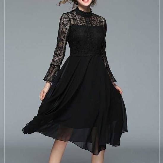 黒 袖あり パーティードレス ワンピースドレス ワンピース ドレスワンピ お呼ばれドレス 二次会 お呼ばれ 謝恩会 デート 同窓会 食事会 ゲスト 司会 ブラック 大きいサイズ ひざ下丈 長袖 不規則 透け感 シースルー レース シフォン レース切り替え ハイネック 20代 30代 40代