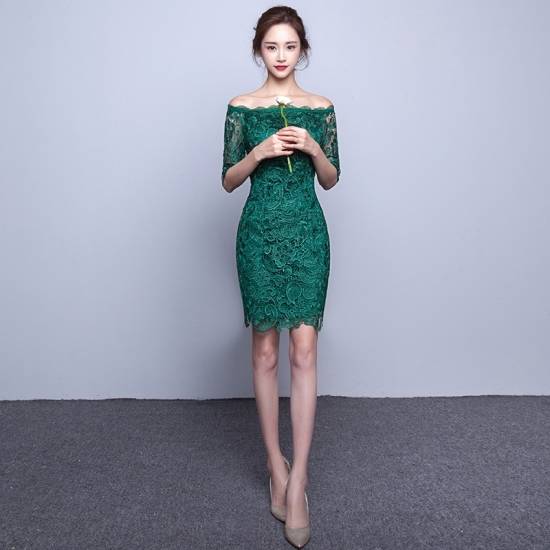 パーティードレス 春夏 結婚式 大きいサイズ 30代 ひざ丈 半袖 袖あり 総レース 花柄 刺繍 タイト オフショルダー 大人可愛い リボン