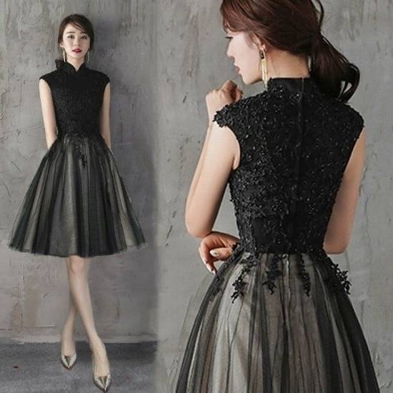パーティードレス 春夏 結婚式 大きいサイズ 30代 ひざ丈 ノースリーブ ハイネック レース 花柄 刺繍 Xライン 大人可愛い ブラック