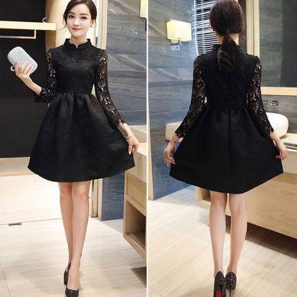 黒 袖あり パーティードレス ワンピースドレス ワンピース お呼ばれドレス イブニングドレス 二次会 お呼ばれ デート 同窓会 食事会 謝恩会 卒業パーティー ブラック 大きいサイズ ひざ丈 Aライン フレア 長袖 透け感 シースルー レース 総レース ハイネック 立ち襟