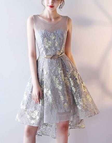 パーティードレス ワンピースドレス ワンピース ドレスワンピ お呼ばれドレス イブニングドレス  結婚式 二次会 披露宴 お呼ばれ 女子会 同窓会 食事会 卒業パーティー 大きいサイズ ひざ丈 ノースリーブ  不規則 フィッシュテール シースルー シフォン 透け感 刺繍 花刺繍