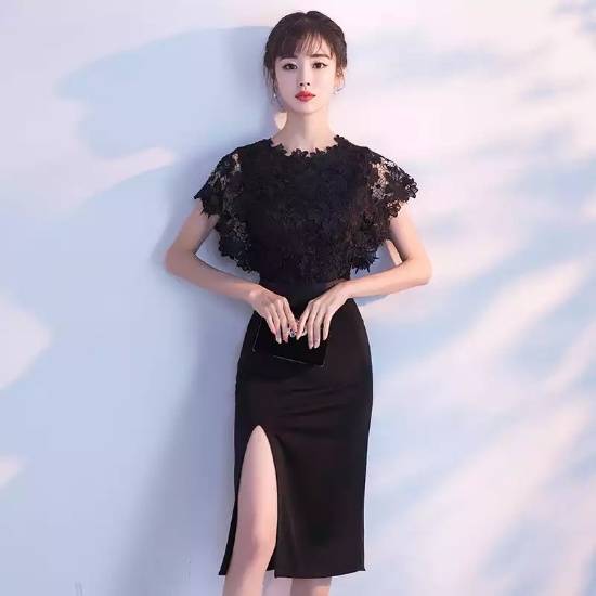 黒 袖あり パーティードレス ワンピースドレス ワンピース お呼ばれドレス イブニングドレス 春夏 二次会 お呼ばれ デート 同窓会 食事会 卒業パーティー ゲスト ブラック 大きいサイズ ひざ丈 スリット 半袖 透け感 シースルー 個性的 レース レース切り替え ハイネック 20代