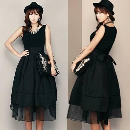 パーティドレス 春夏 結婚式 30代 ミモレ丈 ノースリーブ ラウンドネック 無地 Xライン 透け感 シンプル 大人可愛い 黒