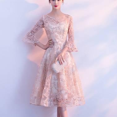 パーティードレス ミモレ丈 レディース ワンピース シャンパン 七分丈 ホーンスリーブ シースルー 上品 エレガント 可愛い 結婚式二次会