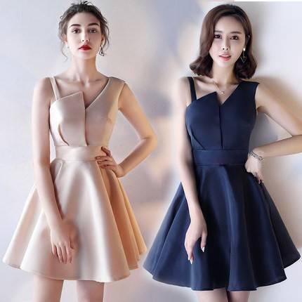 ワンピース パーティードレス ミニ丈 肩ストラップ レディース アシメントリー ノースリーブ フレア Vネック エレガント 上品 大人