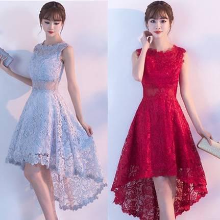 パーティードレス イブニングドレス 春夏 結婚式 二次会 披露宴 レッド 大きいサイズ ひざ丈 ミモレ丈 ノースリーブ 袖なし Aライン Xライン フィッシュテール 刺繍 総レース 花柄 透け感 シースルー ラウンドネック 20代 30代 大人かわいい フェミニン ガーリー