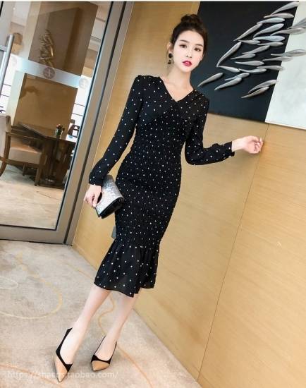 ワンピース ミモレ丈 レディース シフォン ドット柄 水玉 Vネック フィッシュテール マーメイド ハイウエスト フリル ブラック