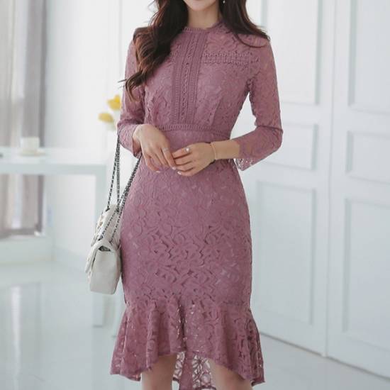 ワンピース ひざ丈 ミモレ丈 レディース フェミニン 袖フリル レース 花柄 エレガント 上品 大人 フィッシュテール デート 結婚式二次会