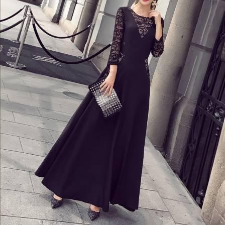 ワンピース ロング レディース 花柄 レース ブラック 七分丈 フレア エレガント 上品 大人 パーティー 結婚式二次会 お呼ばれ 2018年新作