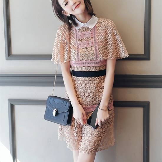 ワンピース ミニ丈 ドレス レディース レース 花柄 ピンク ハイウエスト 隠し袖 上品 大人 可愛い 結婚式二次会 お呼ばれ 2018年新作