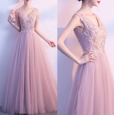 ロングドレス Aライン 花柄刺繍 エレガント フェミニン ノースリーブ 結婚式二次会 お呼ばれ 2018年新作 ピンクベージュ