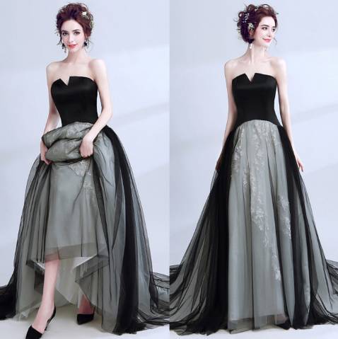 ロングドレス 黒 演奏会 パーティードレス ワンピースドレス ワンピース ドレスワンピ お呼ばれドレス イブニングドレス お呼ばれ ステージ衣装 食事会 ゲスト バイカラー ブラック 大きいサイズ マキシ丈 フレア Aライン ベアトップ チュール 透け感 Vネック 20代 30代