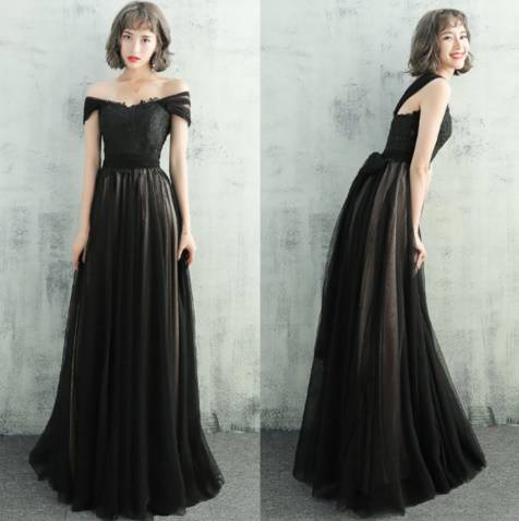 ロングドレス 黒 パーティードレス イブニングドレス 春夏 結婚式 二次会 披露宴 ブラック 大きいサイズ ロング丈 マキシ丈 半袖 袖あり Aライン フレア 刺繍 レース シフォン 透け感 オフショルダー 20代 30代 大人かわいい フォーマル フェミニン