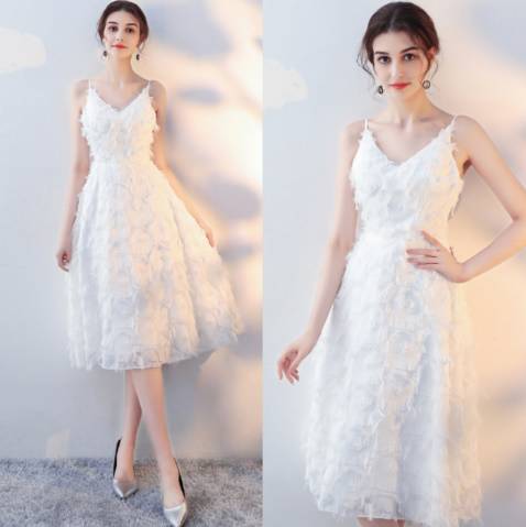 パーティードレス 春夏 二次会 大きいサイズ 30代 ミモレ丈 キャミソール Vネック 無地 フェザー Iライン 刺繍 フェミニン ホワイト
