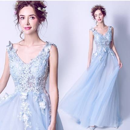 ロングドレス Aライン 花柄 刺繍 レース バタフライモチーフ ライトブルー チュール フラワーフェミニン 結婚式二次会 お呼ばれ