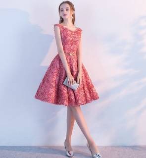 パーティードレス ワンピースドレス ワンピース お呼ばれドレス イブニングドレス  結婚式 二次会 披露宴 お呼ばれ 女子会 デート 同窓会 卒業パーティー ピンク 大きいサイズ ひざ丈 ノースリーブ Xライン 編み上げ フレア レース 総レース シースルー ラウンドネック 20代