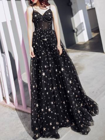 ロングドレス 黒 パーティードレス ワンピースドレス 春夏 結婚式 二次会 披露宴 ブラック 大きいサイズ ロング丈 マキシ丈 キャミソール 袖なし Aライン フレア 星柄 スター ビスチェ 透け感 シースルー 20代 30代 大人かわいい フェミニン ガーリー