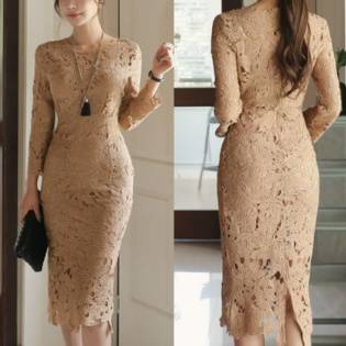 総レースワンピース エレガント ミディ丈 花柄 フェミニン ラウンドネック 透け感 大人 結婚式二次会 お呼ばれ 2018年新作