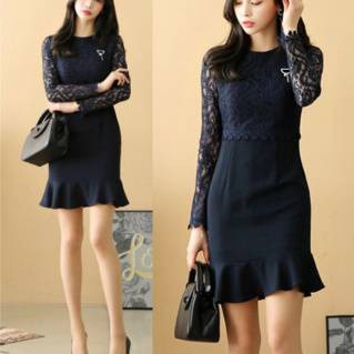 ワンピース 裾フリル＆袖レース マーメイド風 フェミニン 大人 シック  結婚式二次会 お呼ばれ 2018年新作 婚活パーティー