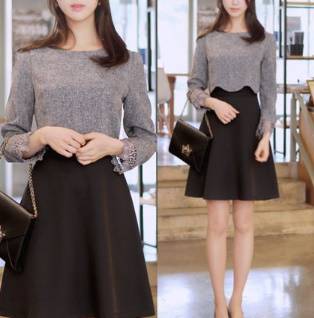 バイカラーワンピース 袖口レース 2ピース風 入学式 卒業式 謝恩会 シック おしゃれ Ａライン フェミニン 結婚式二次会 お呼ばれ