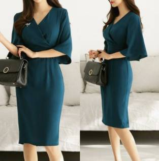 ミディ丈ワンピース カシュクール 袖フレアー クラシカル シック 大人 結婚式二次会 お呼ばれ 2018年新作 婚活パーティー