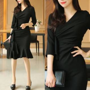 カシュクールマーメイドフレアワンピース フリル リボン Vネック エレガント フェミニン 上品 結婚式二次会 お呼ばれ 2018年新作