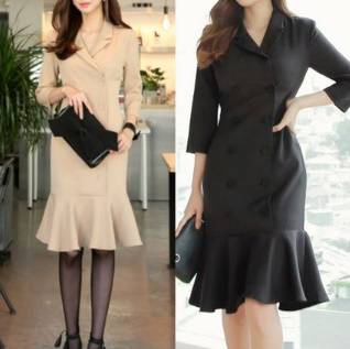 マーメイドワンピース ２色 七分袖 クラシカル フロントボタン 裾フリル フェミニン 通勤 卒業式 入学式 謝恩会 結婚式二次会 お呼ばれ