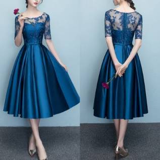 ミモレ丈フレアドレス パーティードレス 花柄 透け感トップ レース エレガント キュート Ａライン 鮮やか  結婚式二次会 お呼ばれ