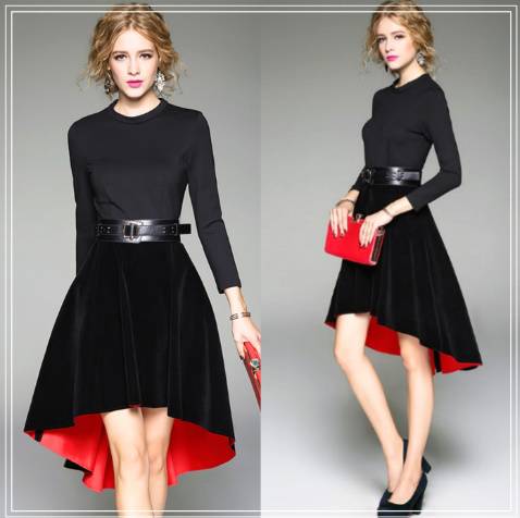 パーティードレス ワンピースドレス 春夏 デート 女子会 記念日 バイカラー 大きいサイズ ひざ丈 ミニ丈 長袖 袖あり Aライン フィッシュテール フレア 無地 ベルト ベルベット ラウンドネック 20代 30代 大人かわいい 上品 きれいめ