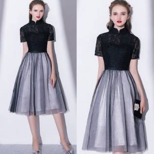 ロングドレス 黒 パーティードレス イブニングドレス 春夏 結婚式 二次会 披露宴 ブラック 大きいサイズ ロング丈 ミモレ丈 半袖 袖あり Aライン フレア 刺繍 レース 花柄 透け感 シフォン ハイネック 20代 30代 大人かわいい フェミニン ガーリー